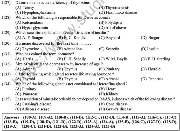 NEET Biology Chemical Coordination and Control MCQs Set B with Answers